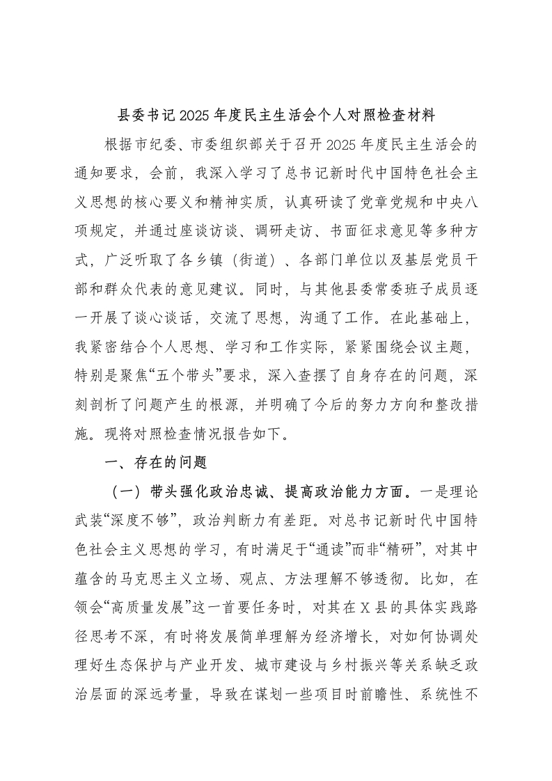 县委书记2025年度民主生活会个人对照检查材料-笔杆无忧网